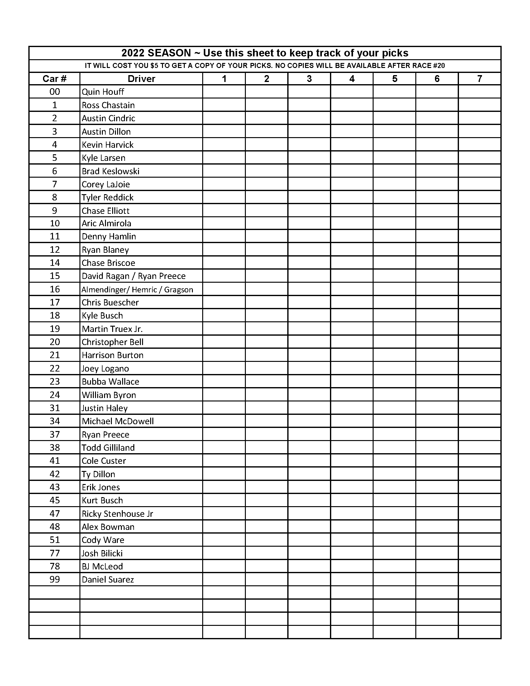 Driver Pick Sheet | Pub Nascar